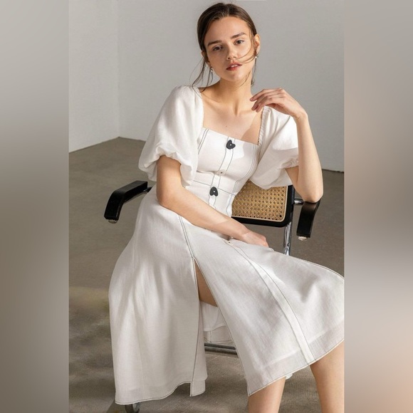 J.ING | Dresses | Jing White Button Puff Sleeve Midi Dress In Small ...